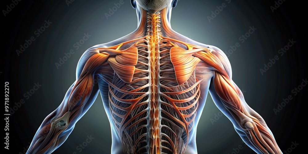 Illuminated anatomical illustration of the human back, showcasing ...