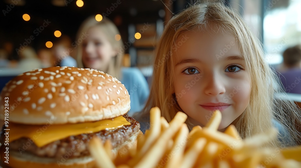 Kids eating fastfood Unhealthy junk food Children eat burger chips und ...
