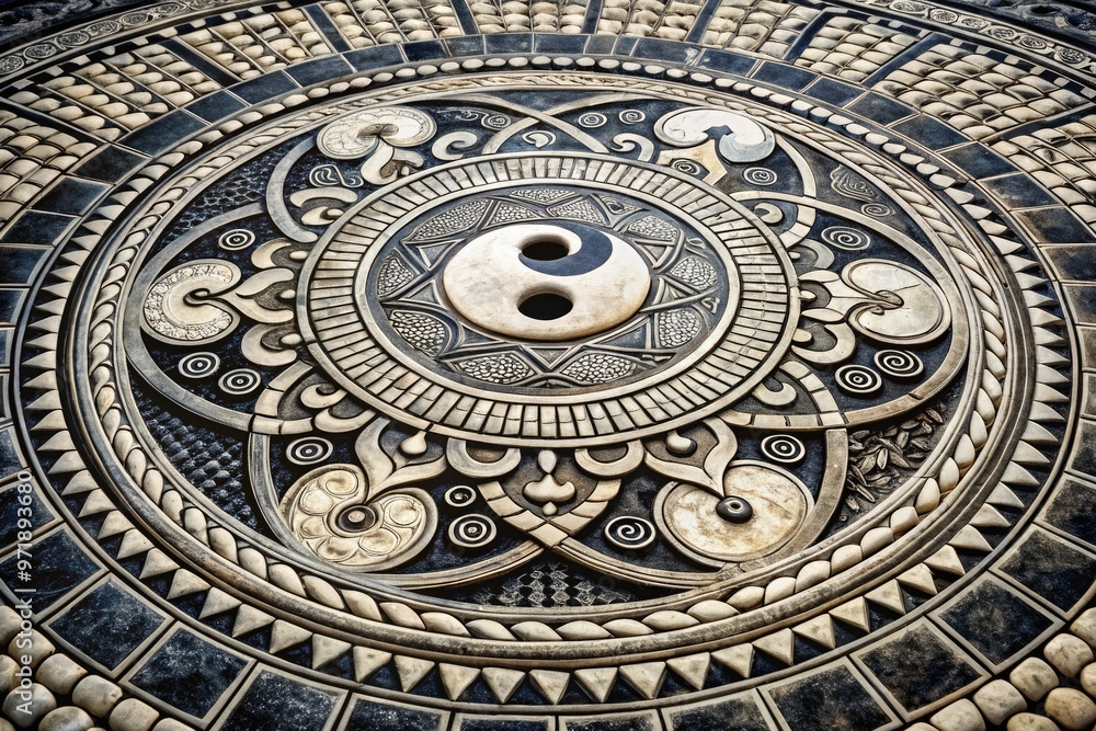 Intricate circular diagram featuring harmonious interlocking black and ...