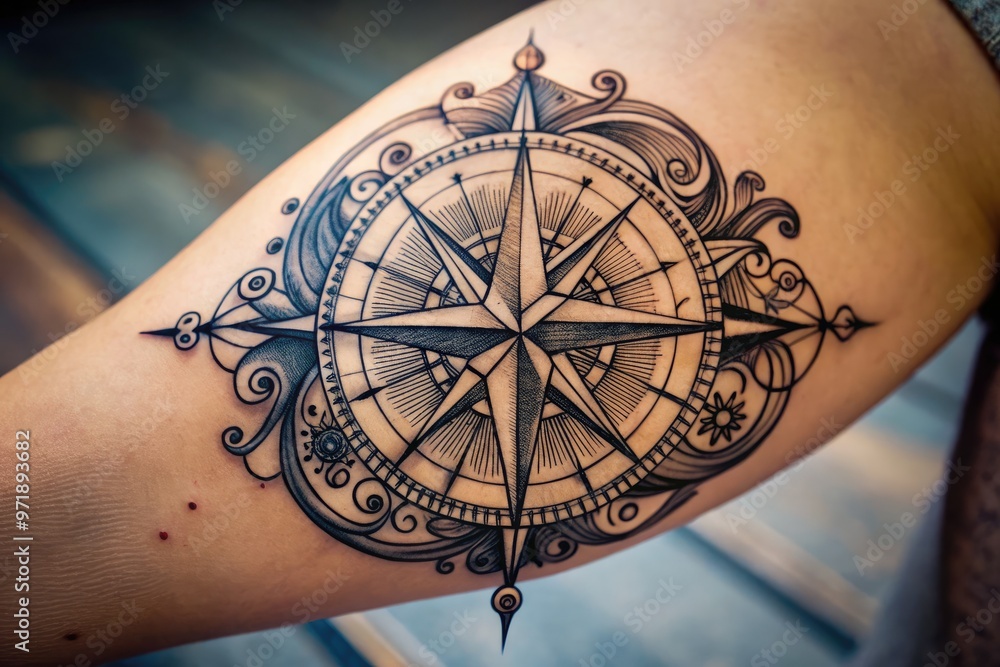 Intricate compass tattoo design with bold lines and delicate details ...