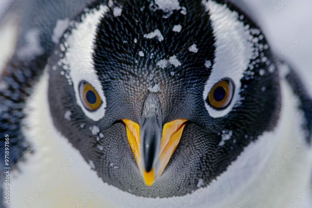 A close-up of a penguin's face, showcasing its inquisitive eyes, yellow ...