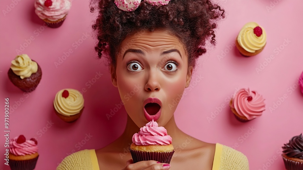 Emotional surprised dark skinned woman eats cake and cupcake surrounded ...
