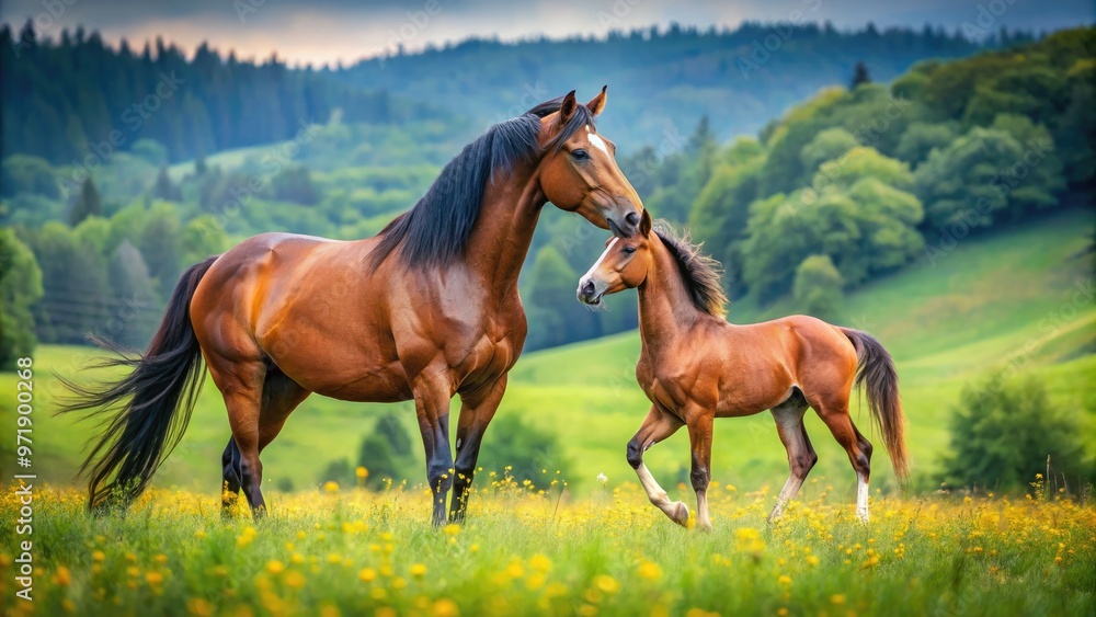 Majestic stallion and mare interacting in a lush green meadow ...