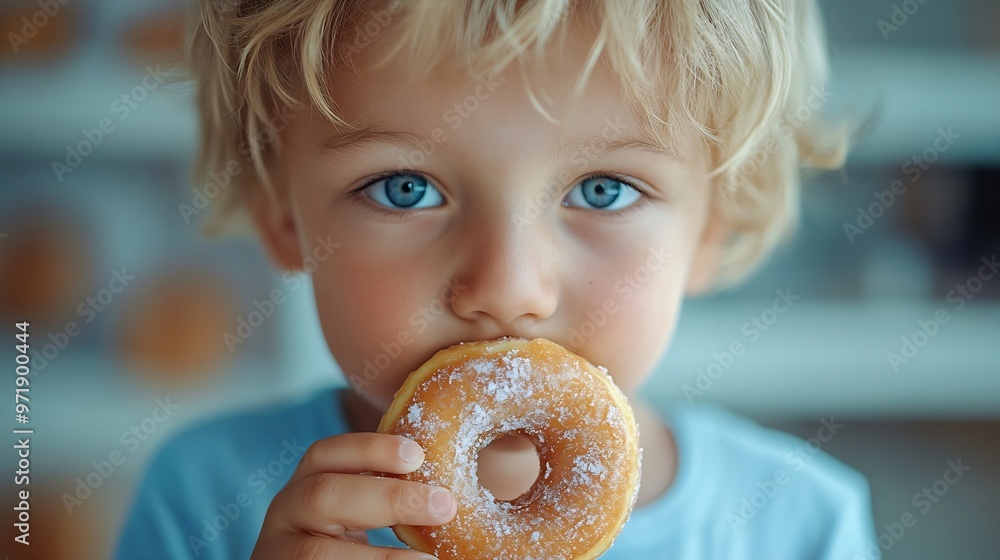 Cute little boy with blond hair and freckles eating a glazed donut ...
