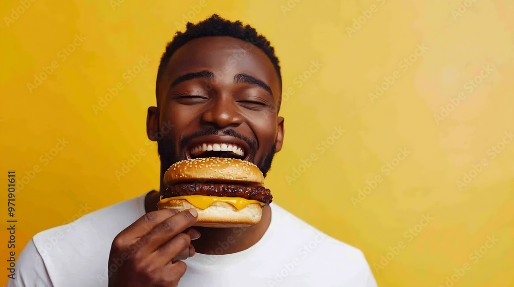 Excited African Man Eating Burger Gesturing Yes Enjoying Unhealthy Fast ...