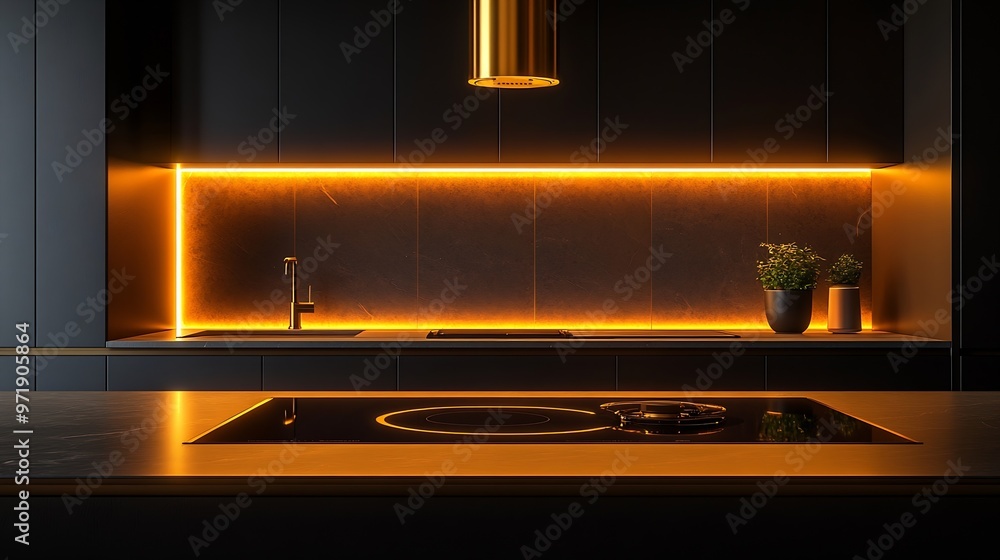 Upscale flat design kitchen with induction black glass hob with ...