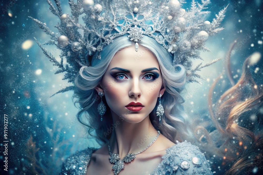 Regal, icy blue portrait of a mythical queen with a frosty crown ...