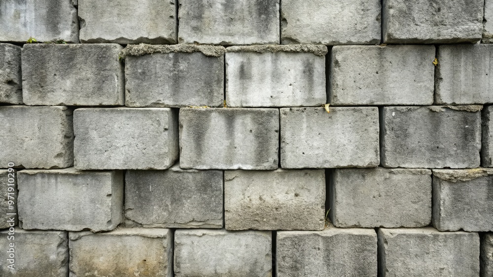 Rough, gray concrete blocks stacked to form a worn, weathered wall with ...