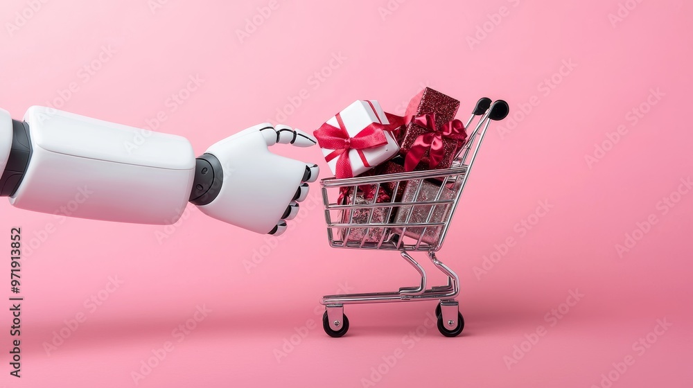 Robotic hand pushing a shopping cart full of gifts. Concept of AI and ...