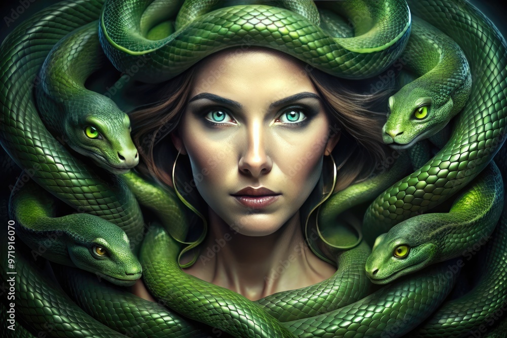 Snakes writhe around a mysterious woman's face, replacing her hair, as ...