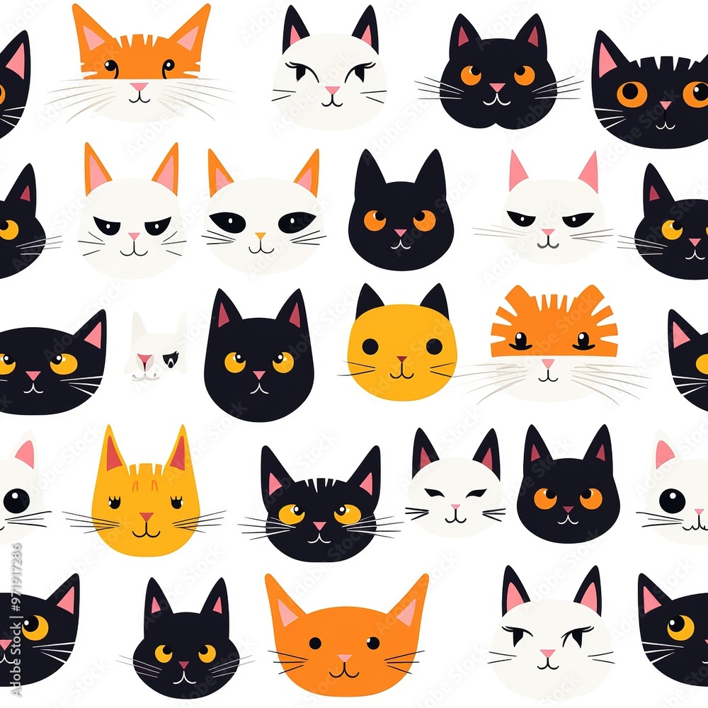 seamless pattern of cats' faces in different colors, highlighted on a ...