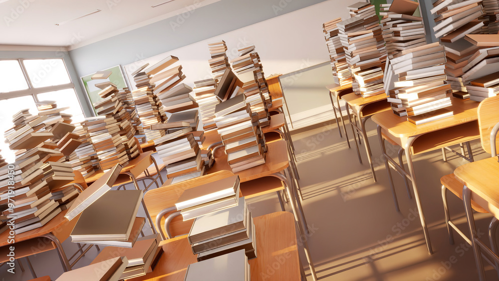 short of books stacked on table class room Rendering of education ...