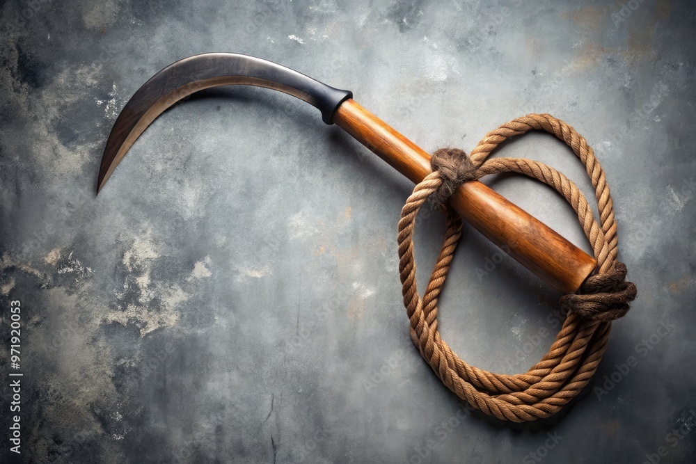 Traditional Japanese hooked sickle attached to a long rope and ...