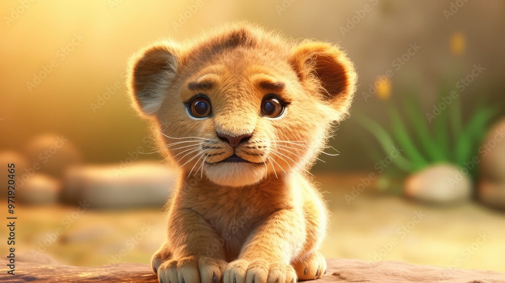 Young lion cub in the wild, looking straight into the camera in the ...