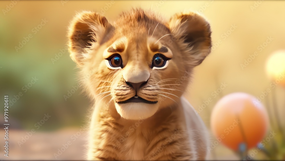 Young lion cub in the wild, looking straight into the camera in the ...