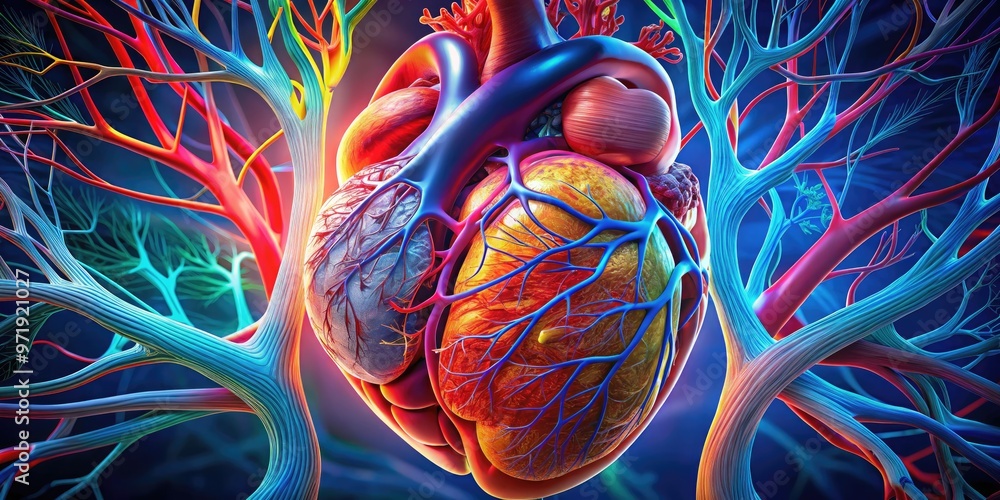 Vibrant 3D illustration of the human heart's internal anatomy ...