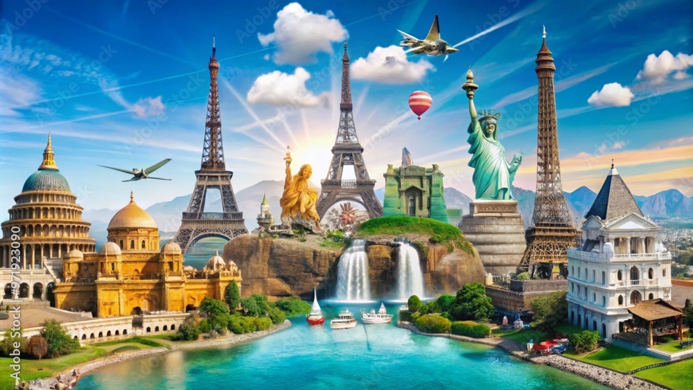 Poster, Foto A vibrant collage of iconic landmarks from around the ...