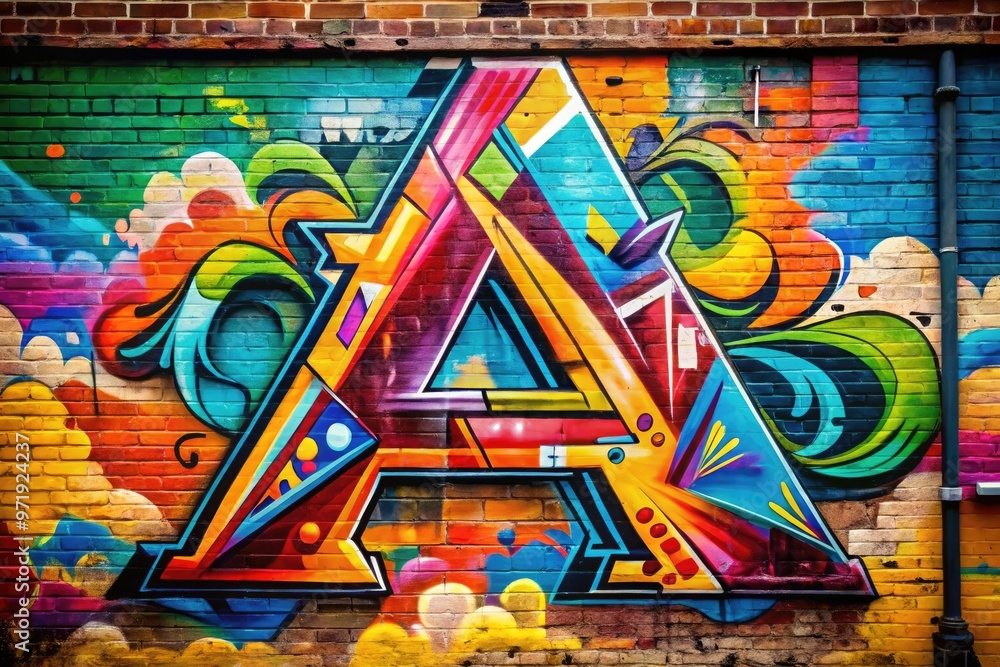 Vibrant, bold, and stylized graffiti letter "A" spray-painted on a worn ...