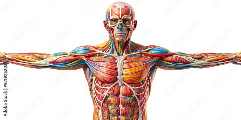 Vibrant colored anatomical illustration of a human body showcasing ...