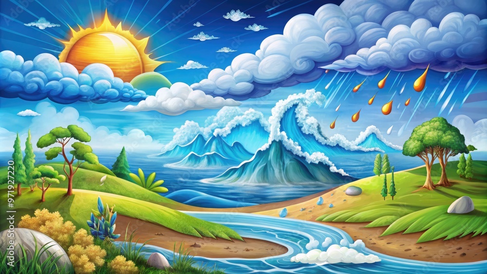 Vibrant colorful illustration of the water cycle, showcasing ...