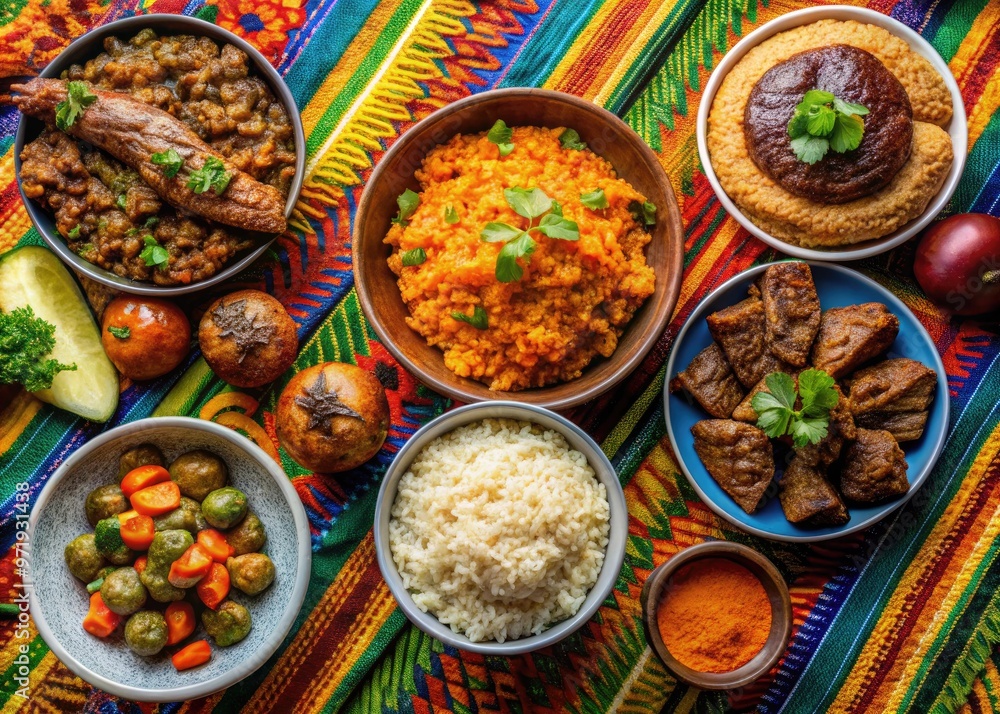 Vibrant display of traditional Ghanaian dishes including jollof rice ...