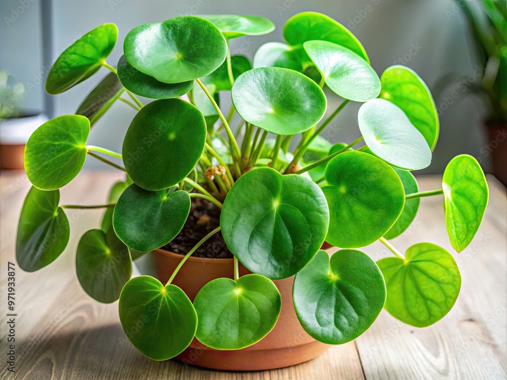 Vibrant green rounded leaves of the Pilea peperomioides, a popular ...