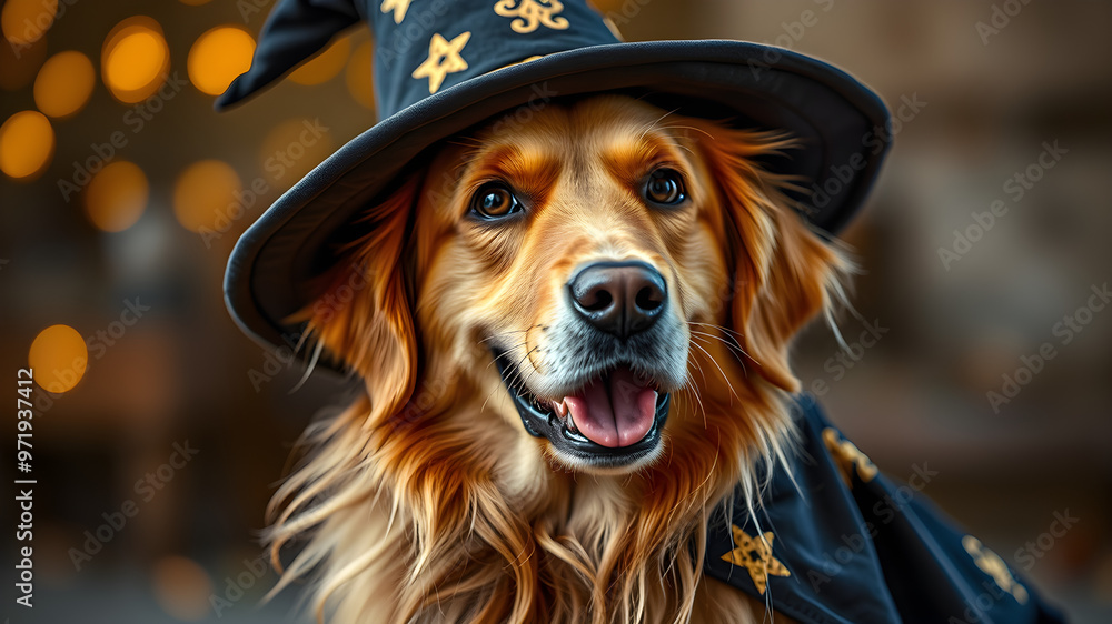 Golden retriever wearing a wizard hat and cape with glowing runes ...