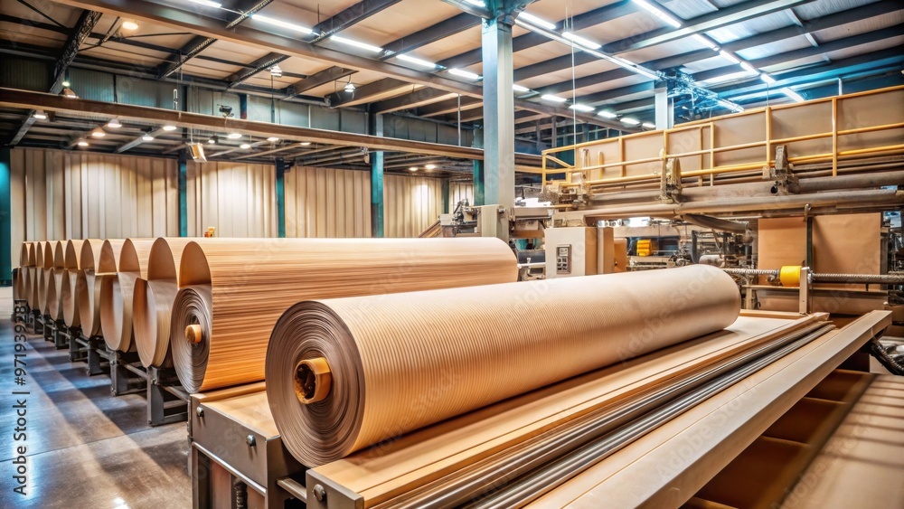 Paper factory process showing the texture of carton industry in a brown ...