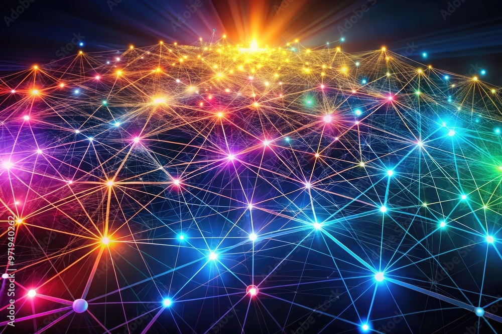 Vibrant network of interconnected lines and nodes forms a glowing web ...