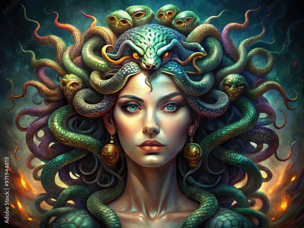 ภาพประกอบสต็อก Vibrant, snakes-for-hair illustration of the mythical ...