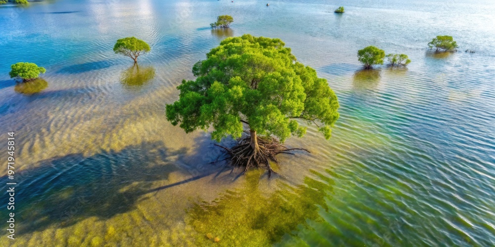 Aerial view of a tree on the shore in mangrove habitat in Ranong ...