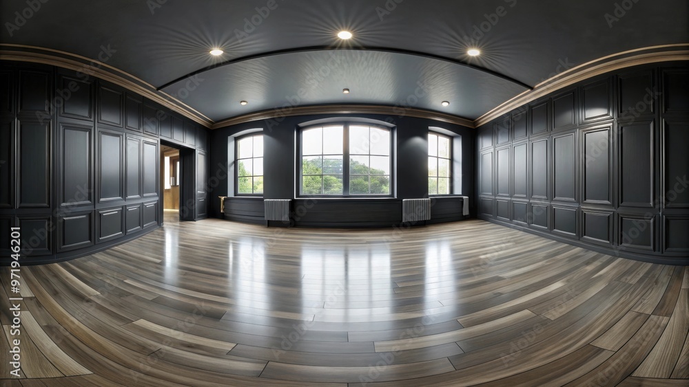 High contrast interior 360 degree 8K rendering with black walls, HDRI ...