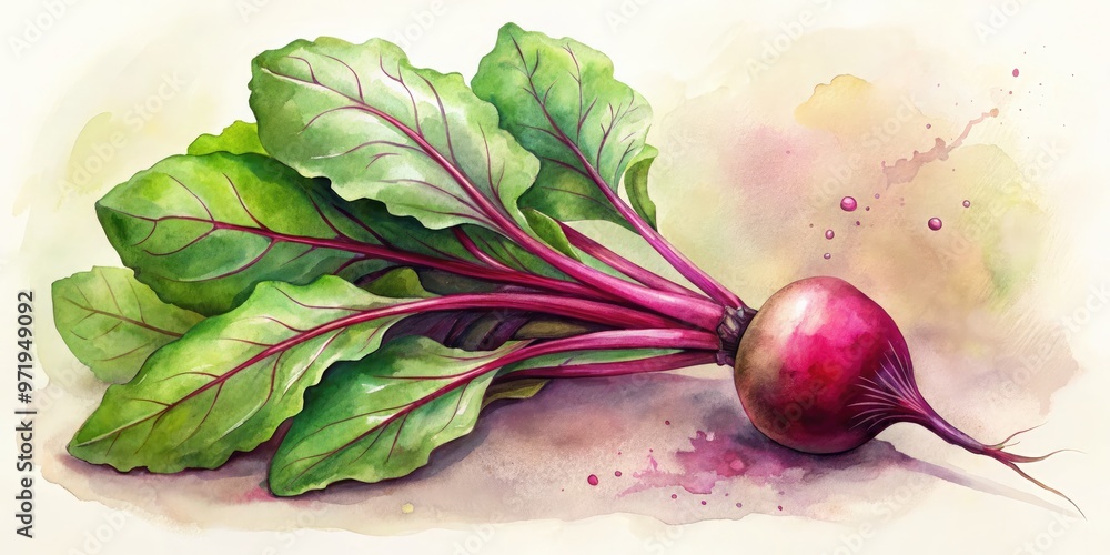 Vibrant watercolor illustration of a stylized beetroot with delicate ...