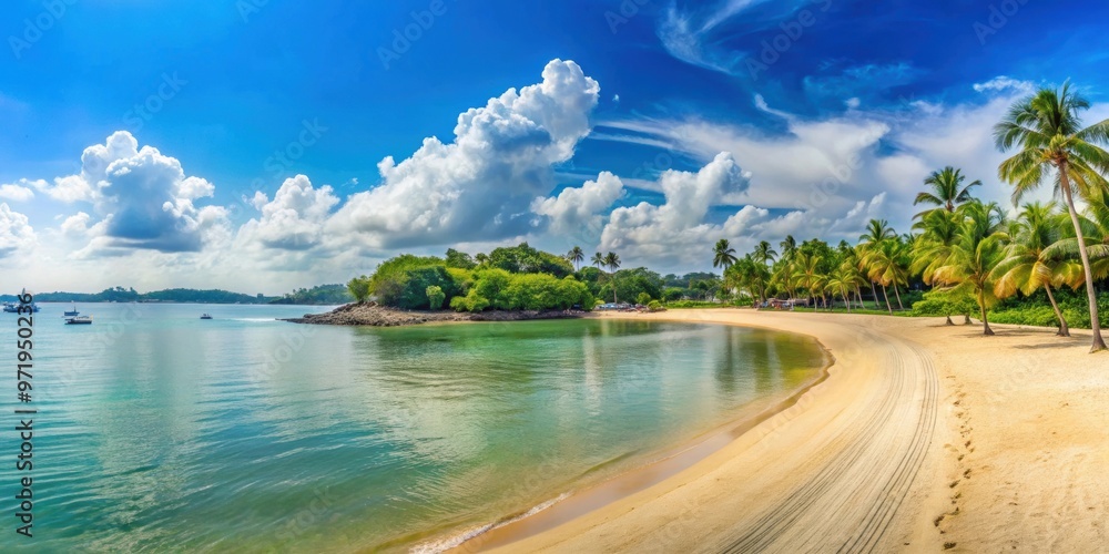 Panoramic view of Sentosa island beaches from Palawan beach, Sentosa ...