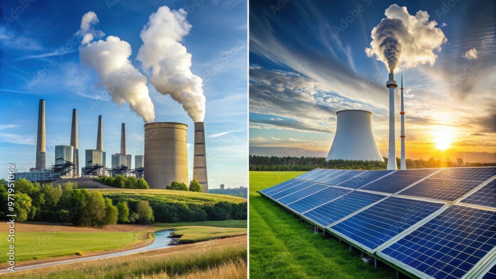 Comparison of renewable energy sources vs coal power plant, wind farm ...