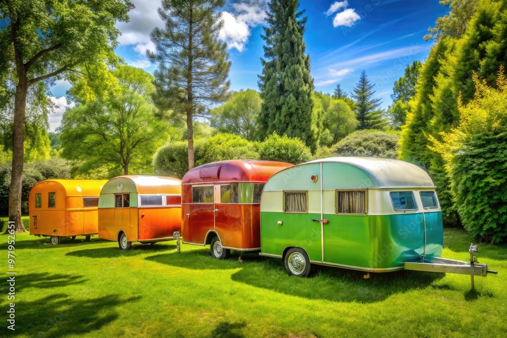 Vintage travel trailers with rounded edges and bold color schemes ...