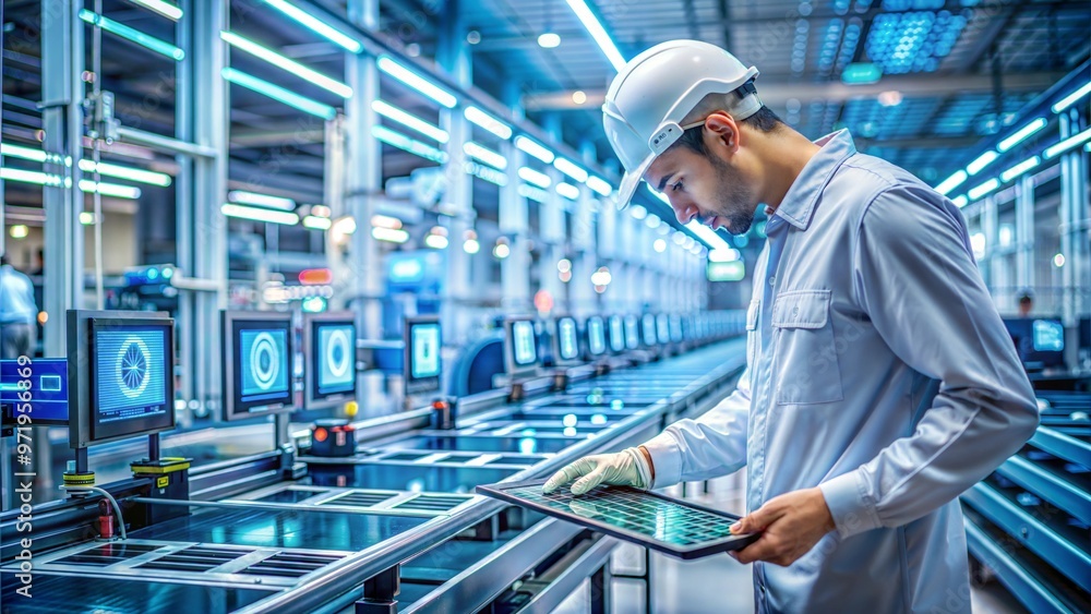 Factory worker using advanced sensors to inspect product quality on an ...