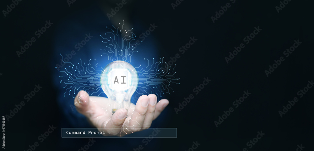AI technology concept. Man with illuminated light bulb with smart Ai chip and command prompt ...