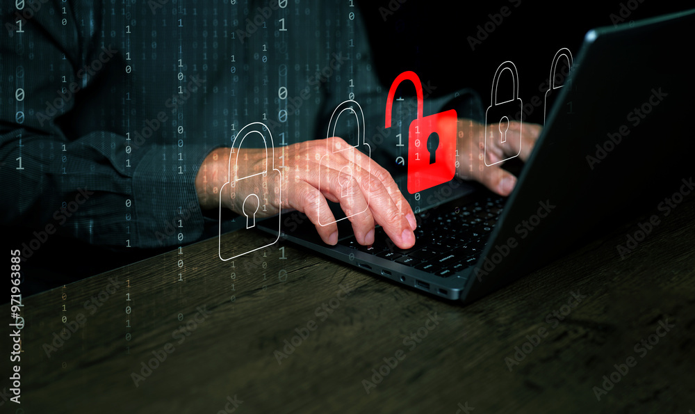 Cybersecurity and safety concept. A padlock is unlocked or hacked on ...