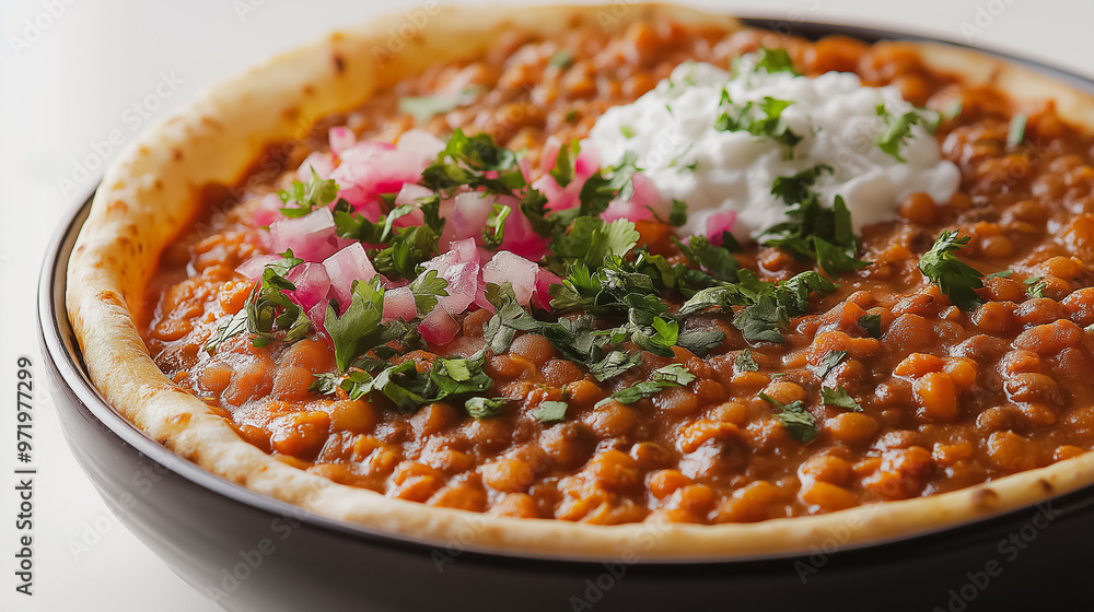 Ethiopian injera, flatbread with lentil stew, isolated on white ...
