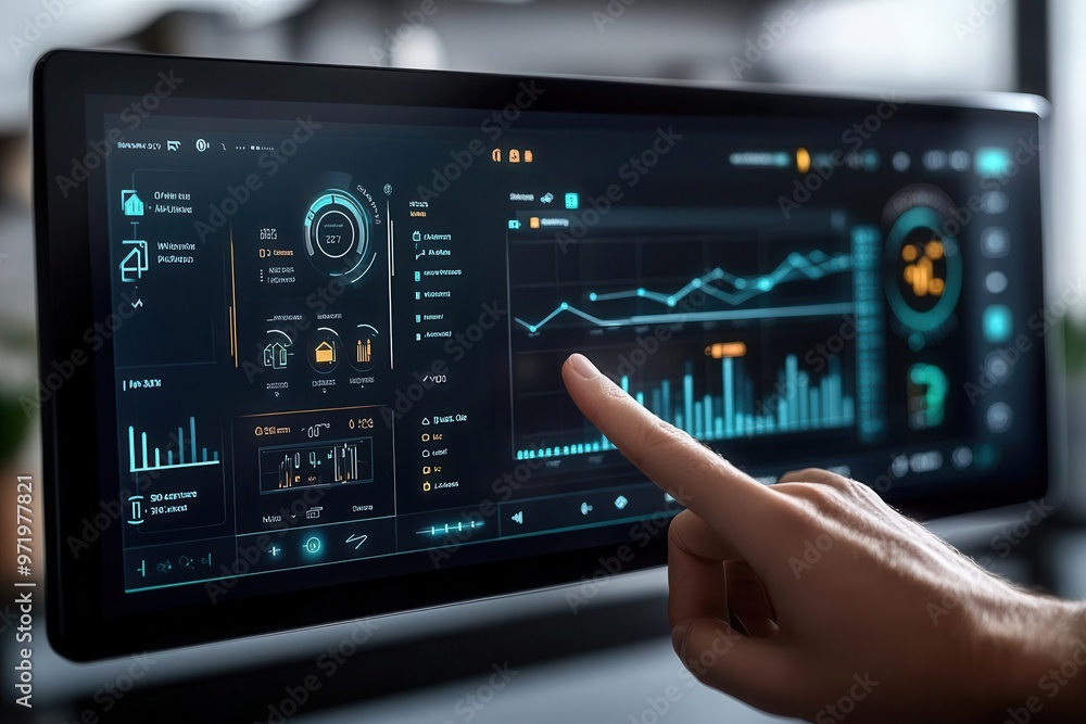 Side view of a hand interacting with a modern smart thermostat, with ...