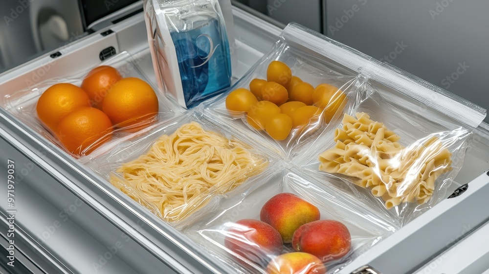 astronaut's meal laid out on a tray, featuring vacuum-sealed packets of ...