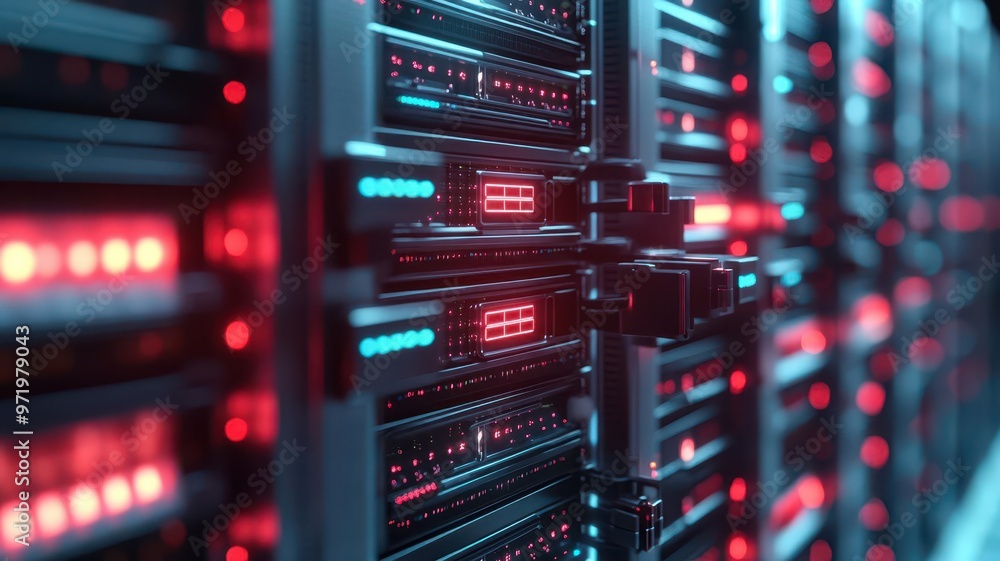 3D rendering of servers being fortified with security firewalls during ...