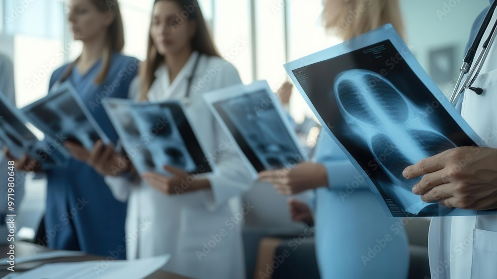 Nurses and doctors holding X-ray films and printed reports during a ...