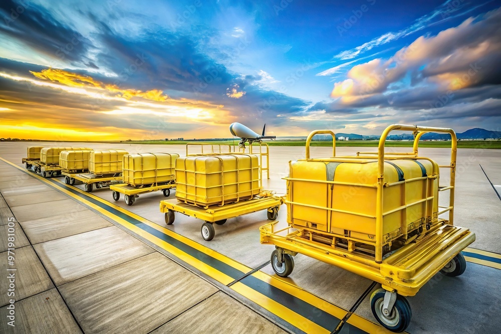 Yellow freight trolleys carrying luggage on airport runway seen through ...