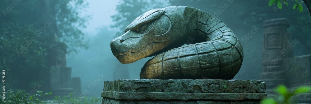 A massive stone serpent statue, its scales intricately carved, rests on ...