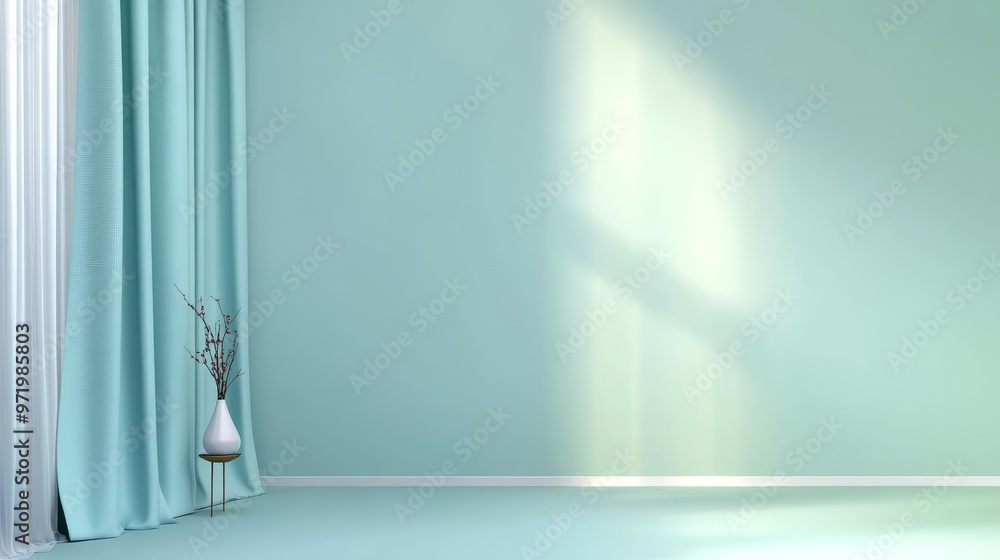 A serene and minimalist interior with a soft turquoise blue wall ...