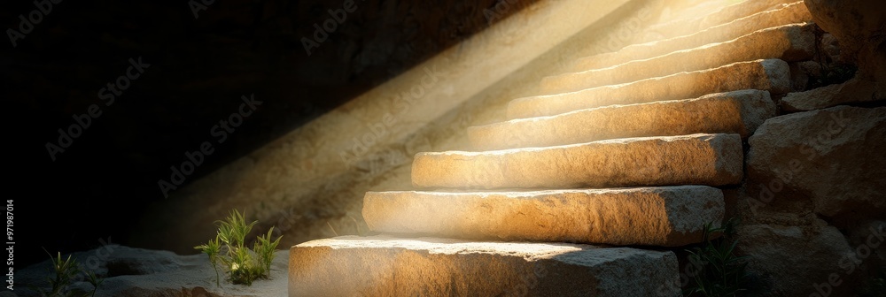 A single beam of sunlight illuminates ancient stone steps leading ...
