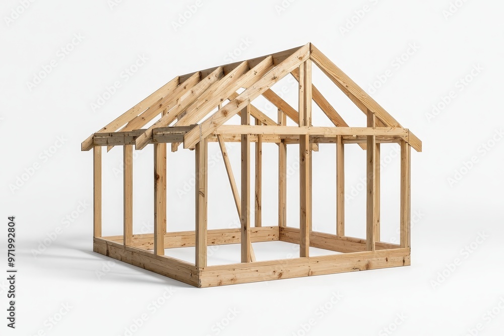 A wooden house frame under construction, showcasing the initial stages ...