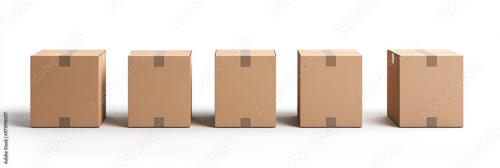 Six identical empty brown cardboard boxes, with tape closure, are ...